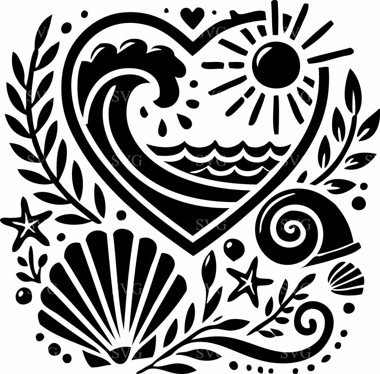 Ocean Heart SVG - 8 Beach Waves Cut File With Sun and Shells for Cricut ...