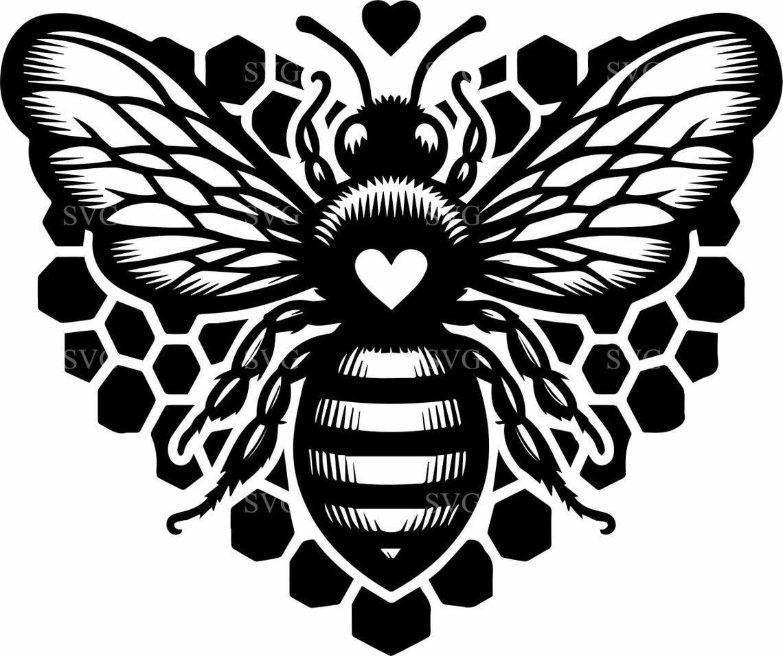 4 Bee With Heart SVG Cut File - Intricate Honeycomb Design, Bumblebee ...