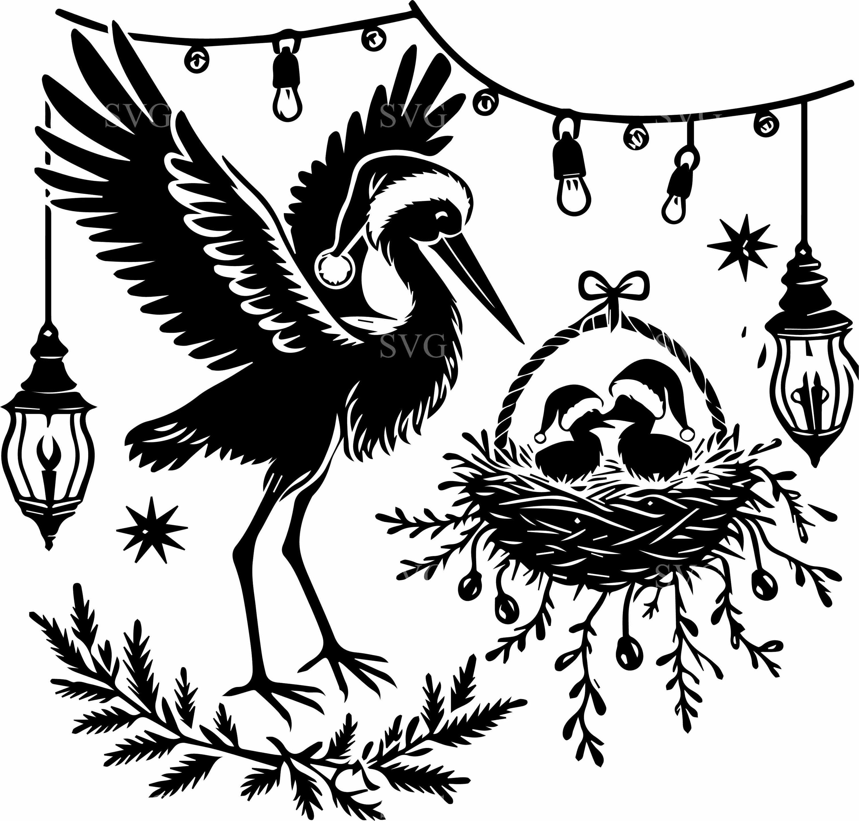 7 Santa Stork SVG – 7 Christmas Stork With Gifts and Lights, Festive ...