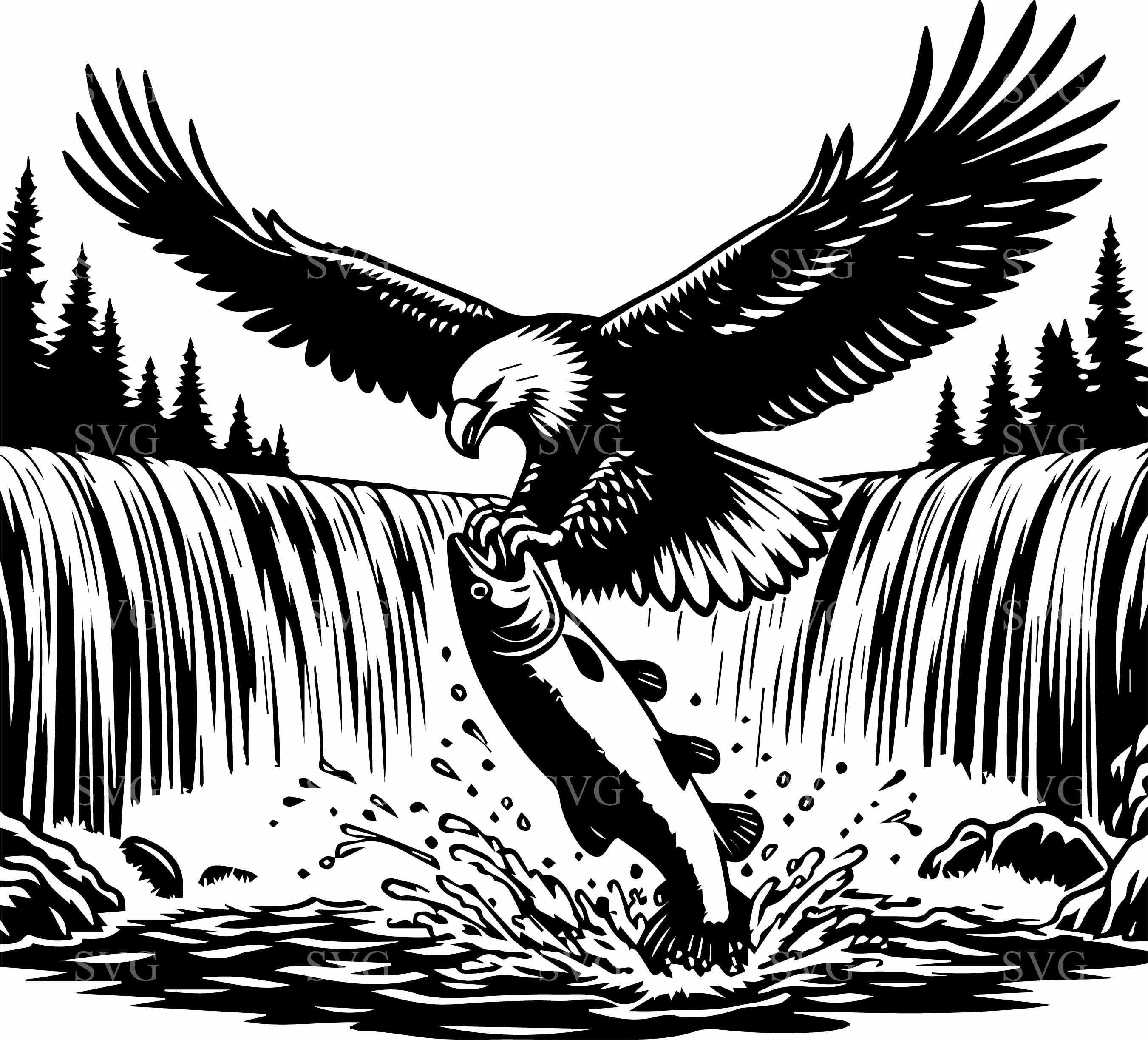 4 Bald Eagle Catching Fish SVG | Waterfall Fishing Cut File PNG DXF - Etsy