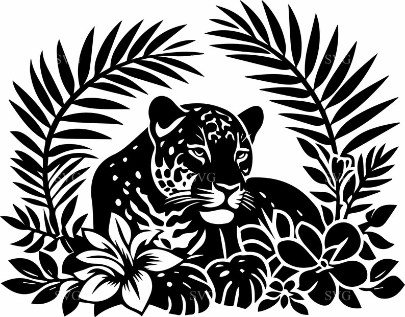 8 Leopard SVG, 8 Jungle Cat Silhouette With Tropical Flowers Cut File ...