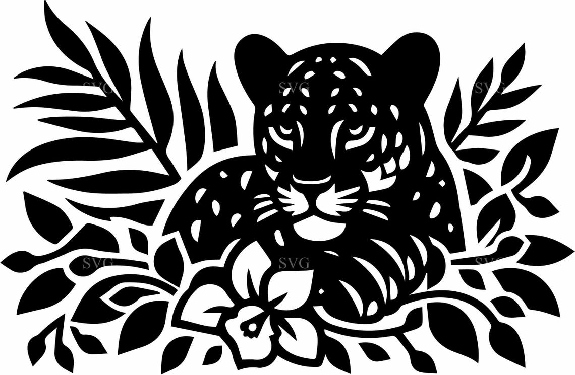 8 Leopard SVG, 8 Jungle Cat Silhouette With Tropical Flowers Cut File ...