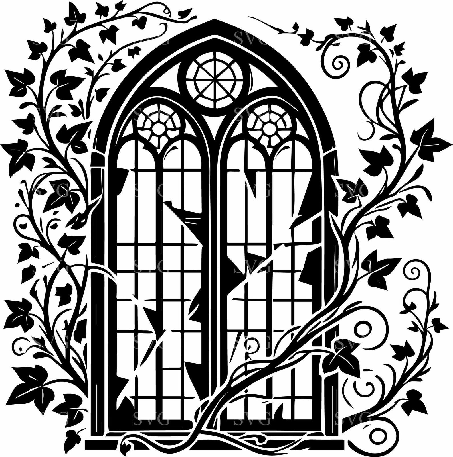 Gothic Fenster SVG - 4 mit Efeu überwucherte Glasmalerei - Elegante ...
