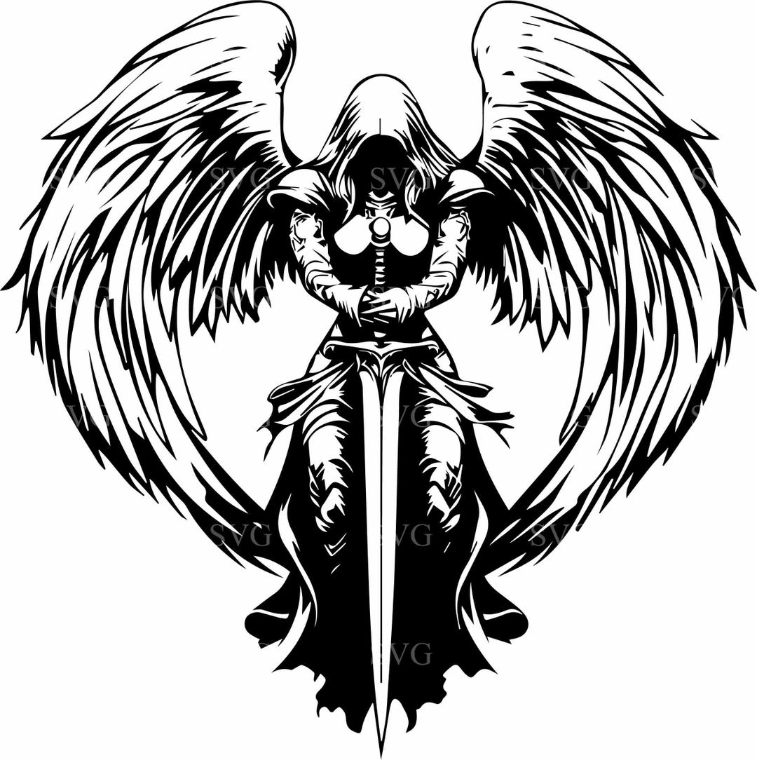 8 Warrior Angel SVG Cut File – Kneeling Angel With Sword Wings ...