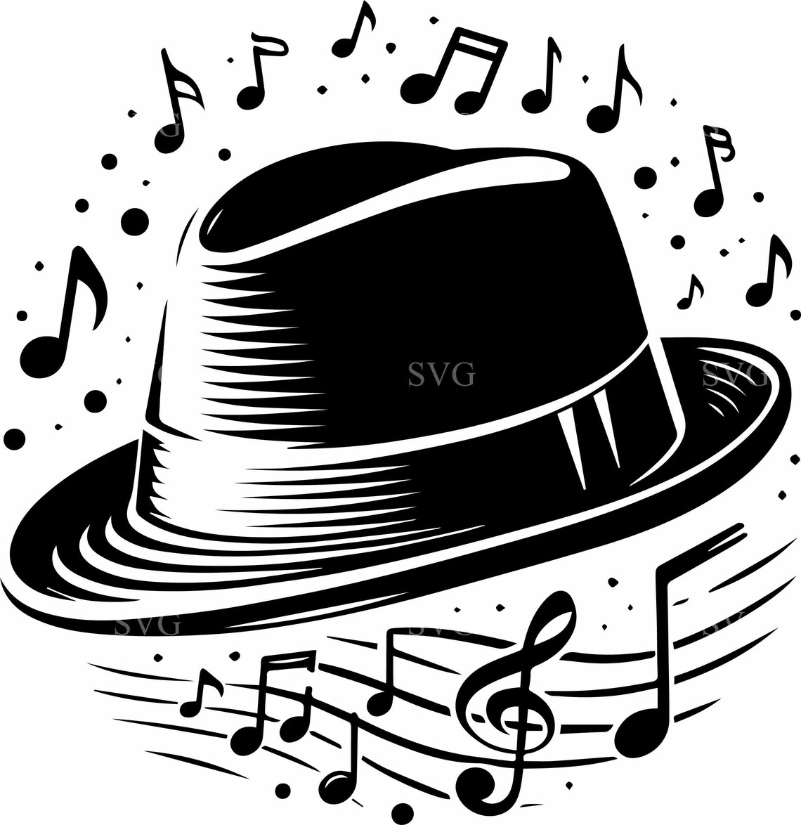 4 Jazz Fedora With Music Notes SVG – Retro Band Crafts (digital ...