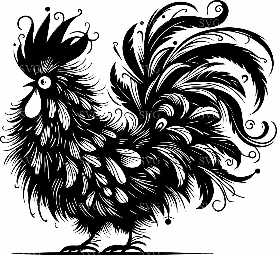 Fluffy Rooster SVG 4 Cut File - Elegant Rooster With Detailed Feathers ...