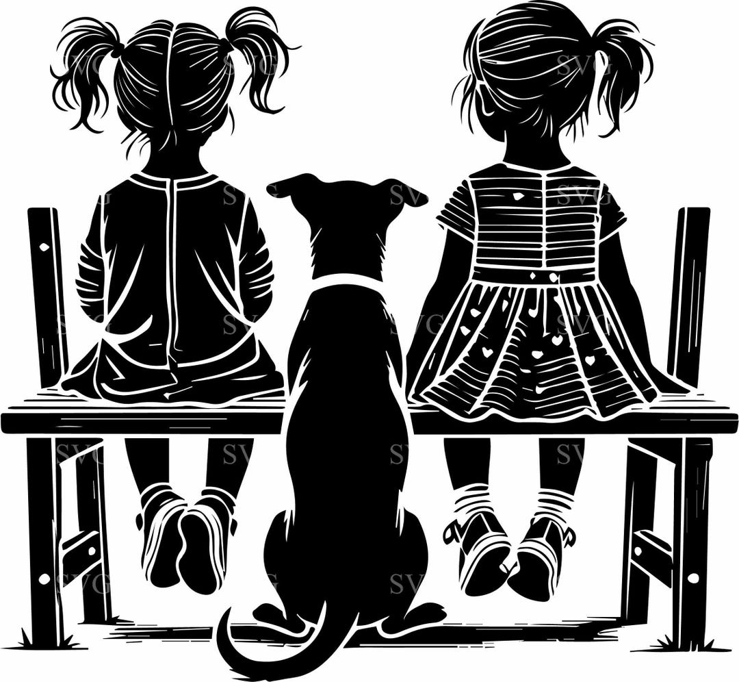 Girls and Dog SVG 4 Cut File, Two Children With Puppy Sitting on Bench, Heartwarming Silhouette ...