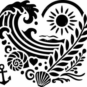 Ocean Heart SVG - 8 Beach Waves Cut File With Sun and Shells for Cricut ...