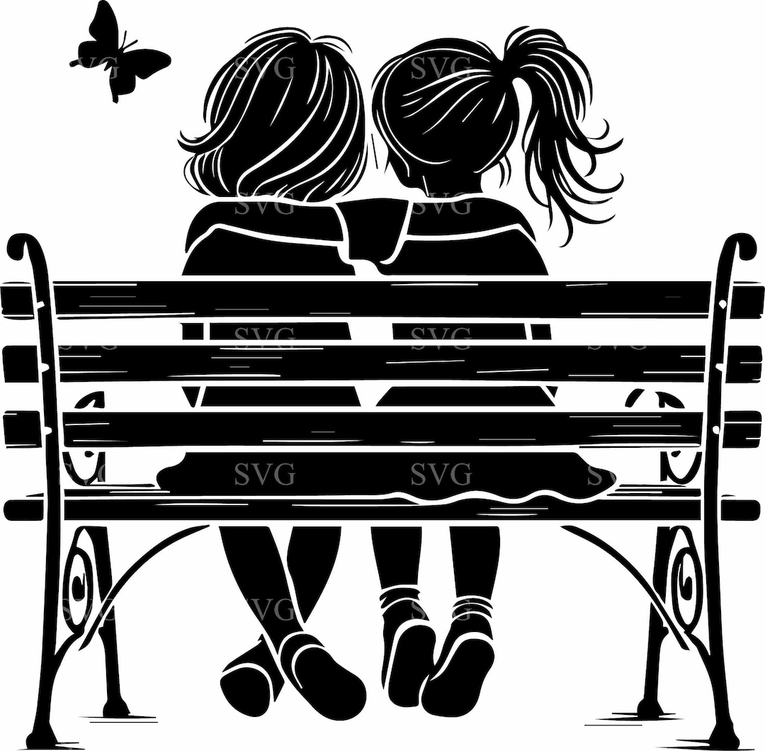 4 Sisters Silhouette SVG, Two Girls Hugging on Bench, Friendship ...