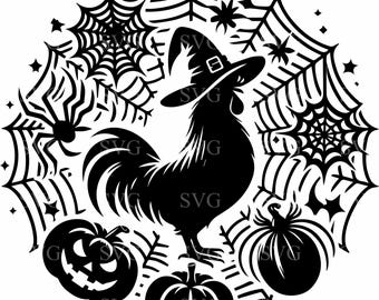 6 Witch Rooster SVG | 6 Halloween Chicken With Hat and Spiderweb Cut ...