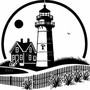 6 Lighthouse Scene SVG 6 Cut File – Coastal House, Fence, and Dunes in ...