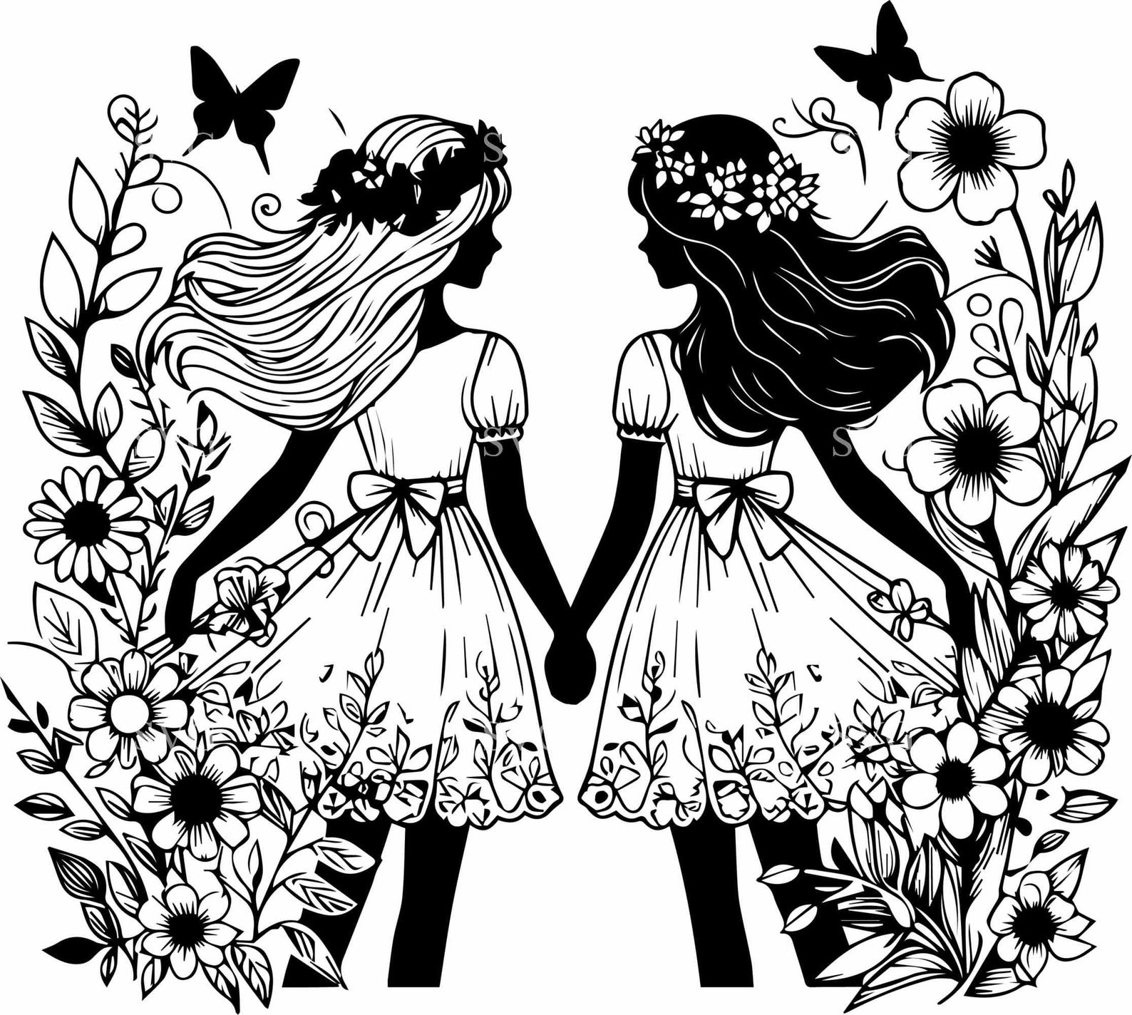 6 Sisters SVG Holding Hands Floral Girls Silhouette Clipart Sister Love ...