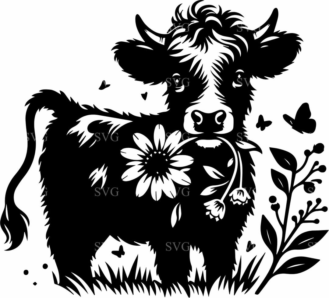 4 Highland Cow SVG, 4 Cute Cow With Daisy Cut File, Rustic Farm Animal ...