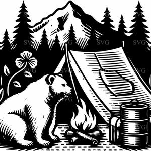 7 Camping Bear SVG Cut File, Forest Campfire Tent Scene With Mountains ...