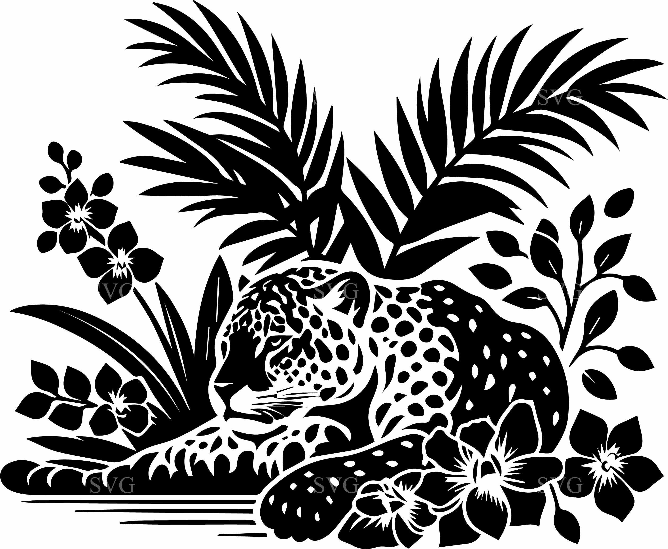 8 Leopard SVG, 8 Jungle Cat Silhouette With Tropical Flowers Cut File ...