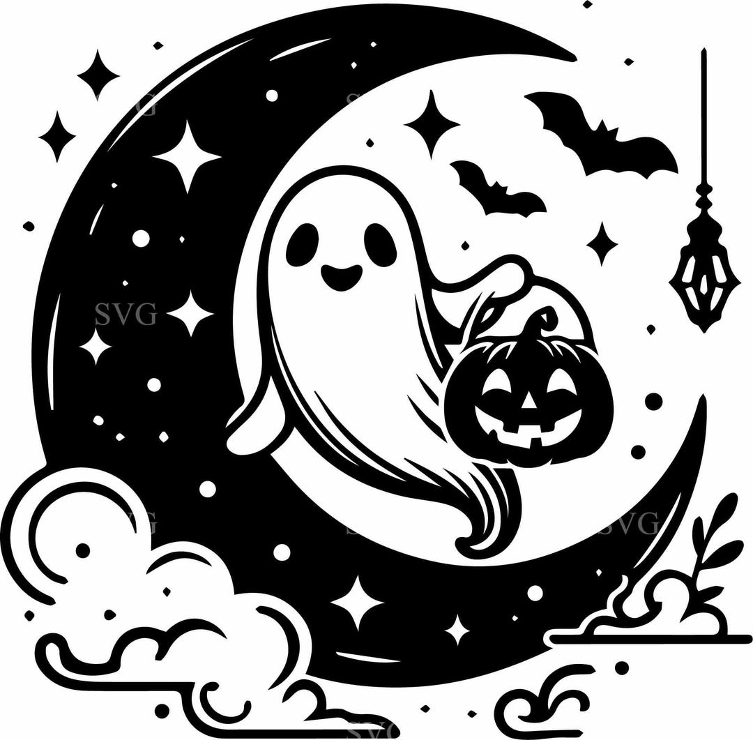 Spooky Ghost With Pumpkins SVG | 5 Halloween Moon Clipart | Cute Ghost ...