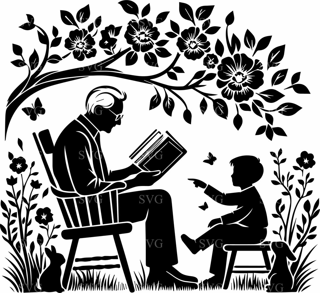 6 Grandpa Reading SVG Cut File, Storytime With Child in Garden ...