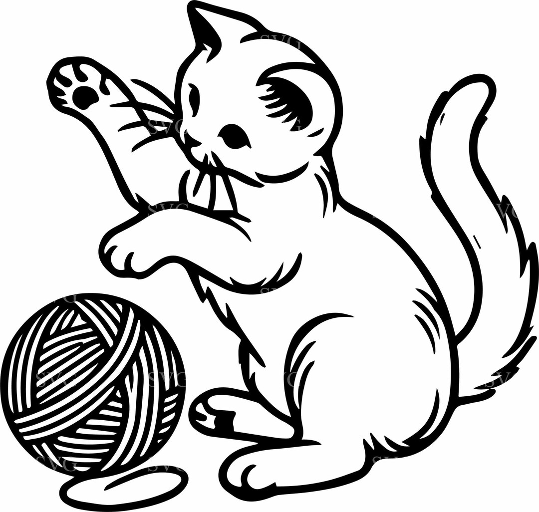 Playful Cat SVG 4 Cut File – Kitten Playing With Yarn Ball Digital ...