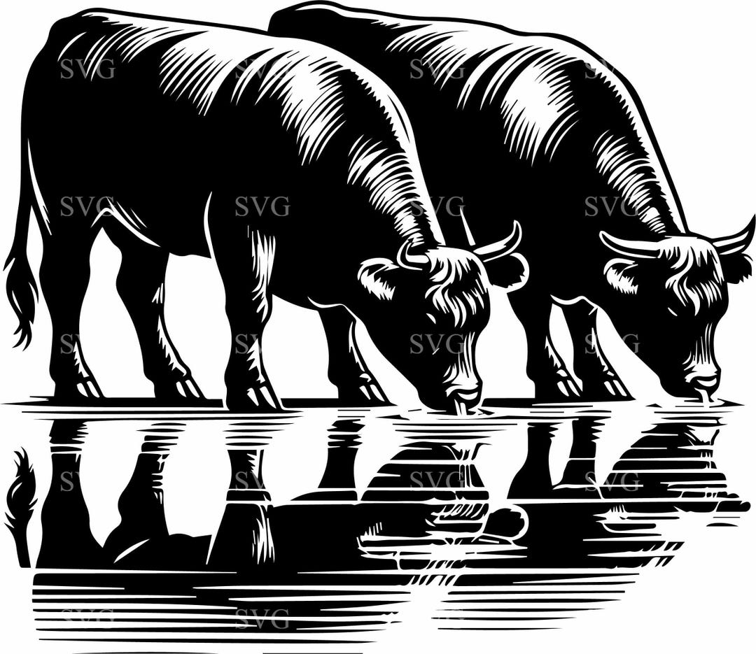 Two Cows Drinking SVG, 4 Animal Silhouette Cut File, Farm Life Clipart ...