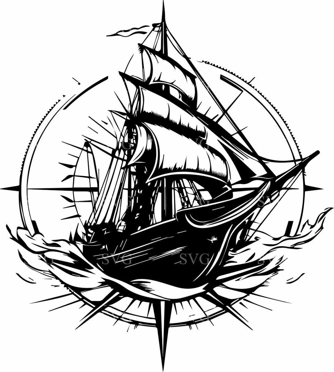 4 Sailing Ship SVG 4 Cut File, Nautical Compass Silhouette, Vintage ...
