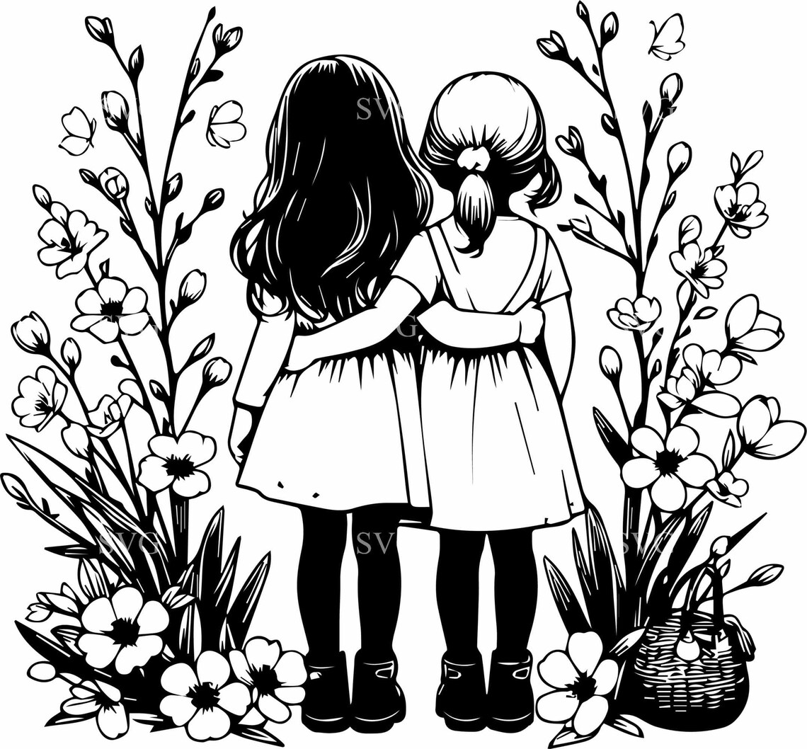 7 Sisters in Flowers SVG Cut File | 7 Back View Girl Silhouette Clipart ...