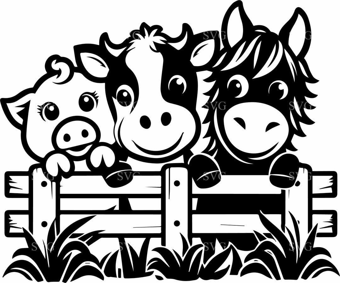 6 Farm Animal SVG, 6 Cow Pig Horse Cut File, Cute Farm Fence SVG, Farm ...