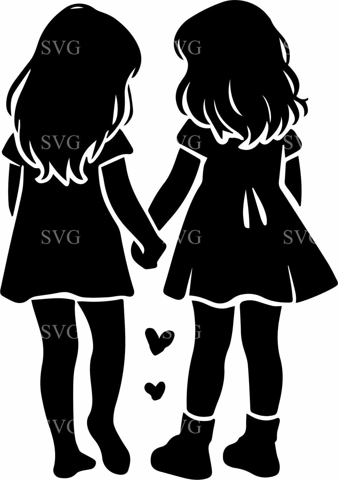 Two Girls Holding Hands SVG 4 Cut File - Silhouette of Cute Friends ...