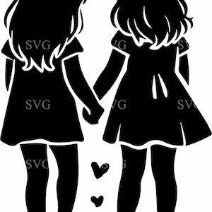 Two Girls Holding Hands SVG 4 Cut File - Silhouette of Cute Friends ...