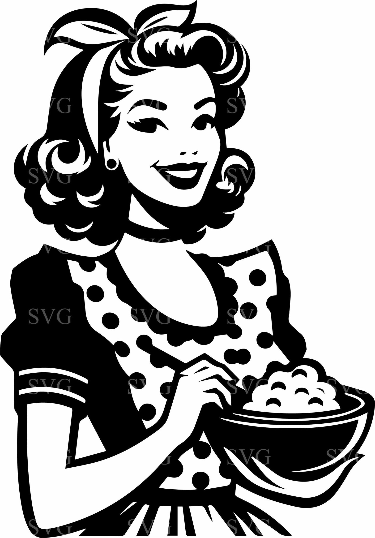 8 Retro Baking Woman SVG, Vintage Lady Mixing Dough in Bowl Silhouette ...