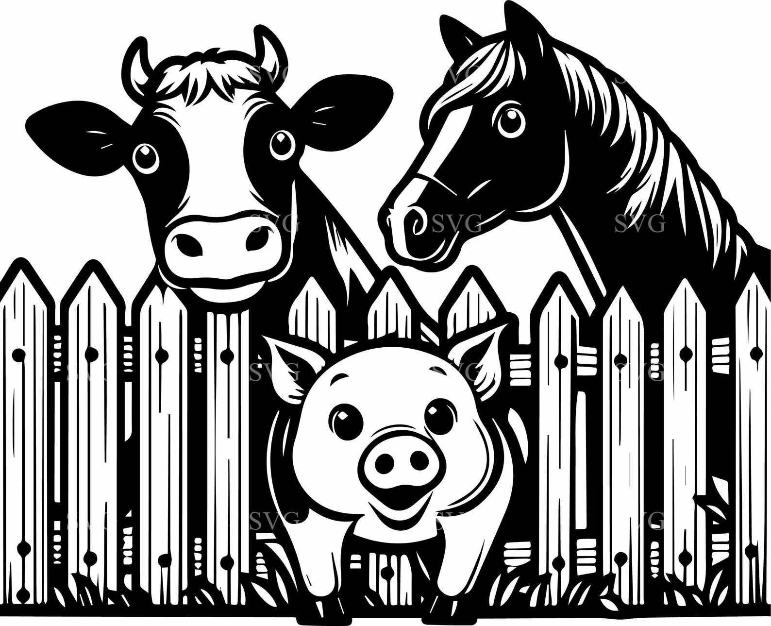 6 Farm Animal SVG, 6 Cow Pig Horse Cut File, Cute Farm Fence SVG, Farm ...