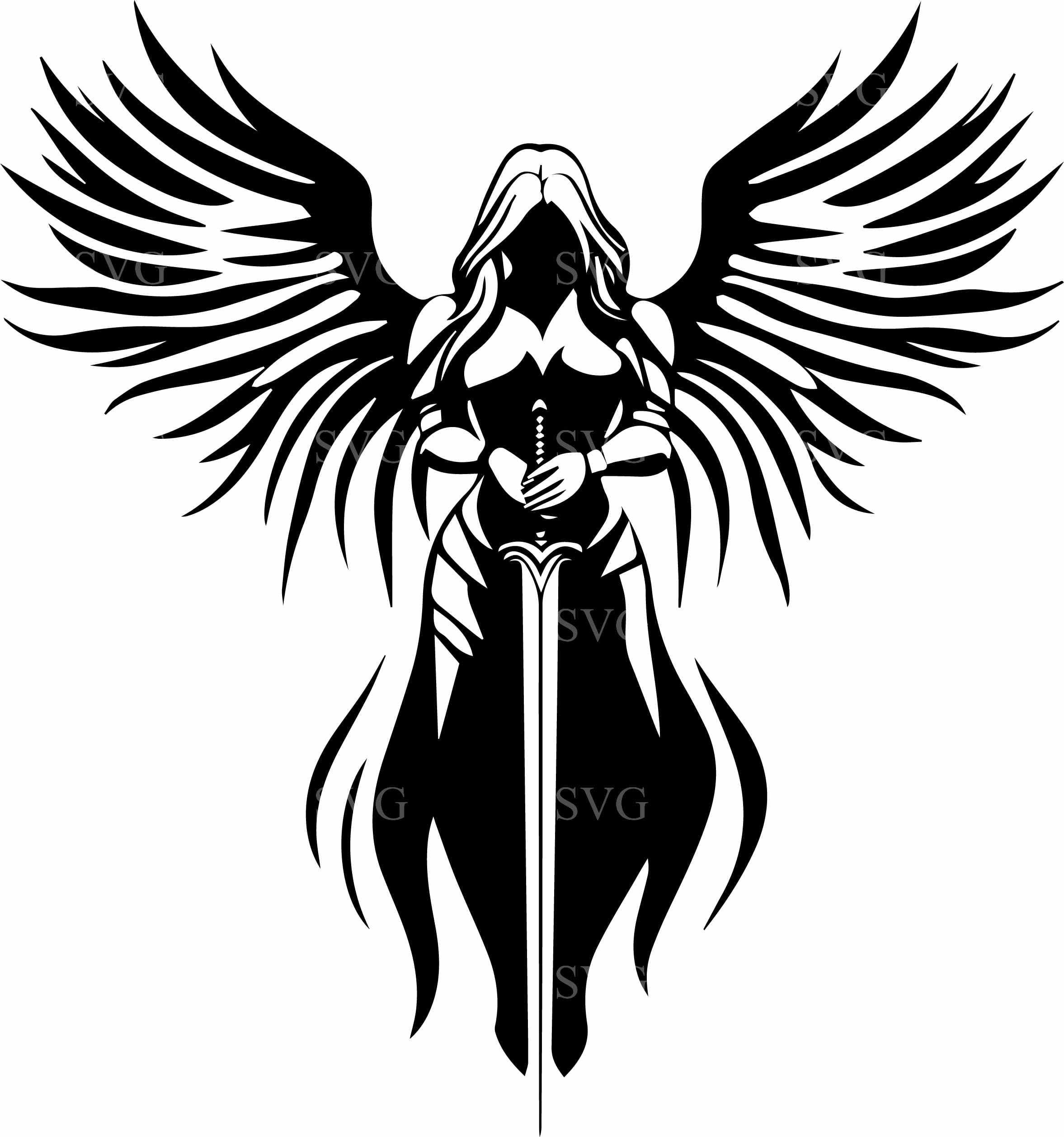 8 Warrior Angel SVG Cut File – Kneeling Angel With Sword Wings ...
