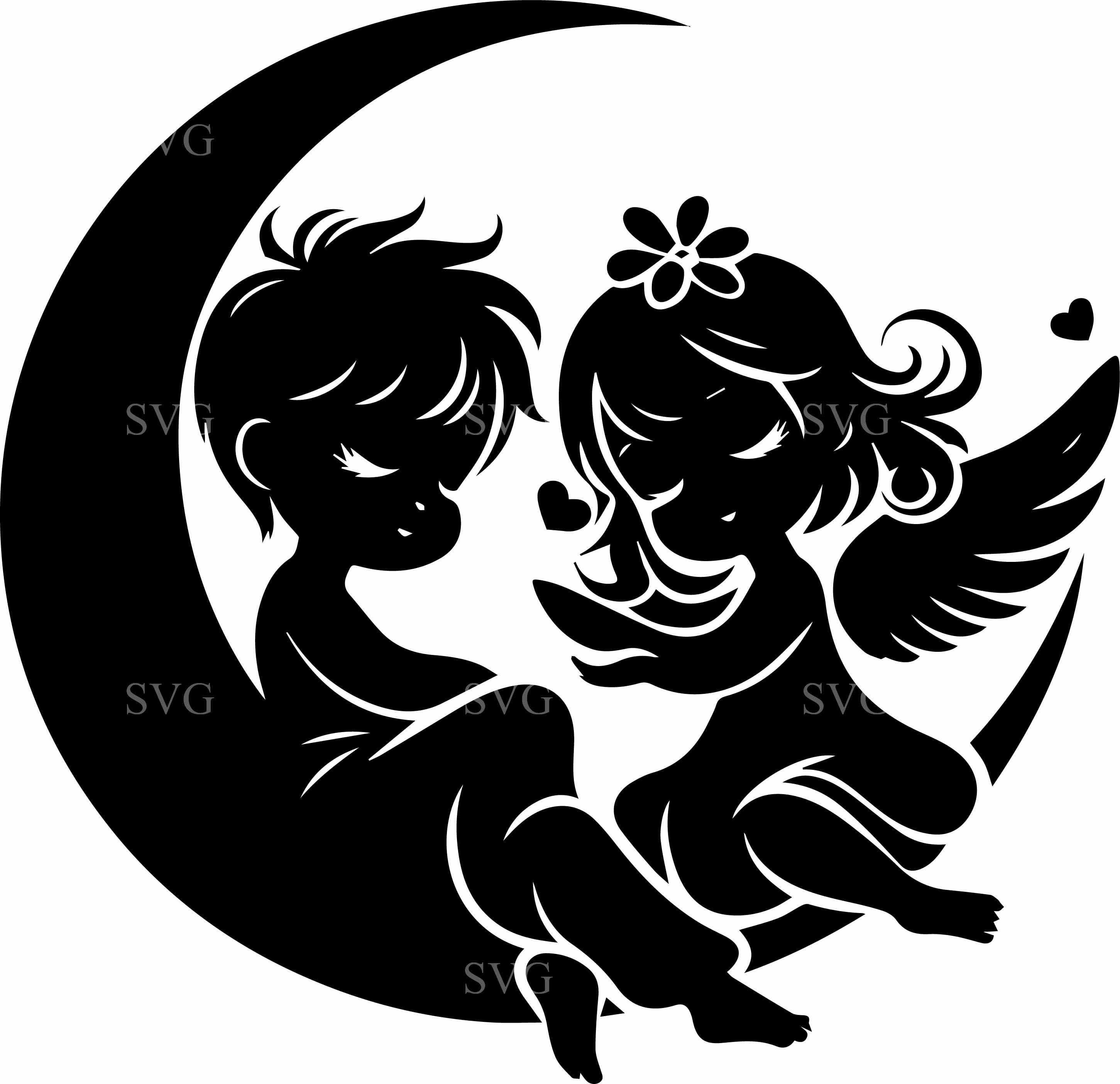 8 Moon Angels SVG – Boy and Girl Angels on Cloud Cut File, Memorial ...