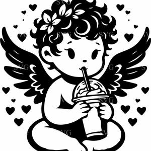 5 Adorable Cupid Angel Drinking Coffee SVG Cut File for Cricut ...