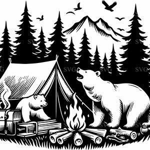 7 Camping Bear SVG Cut File, Forest Campfire Tent Scene With Mountains ...