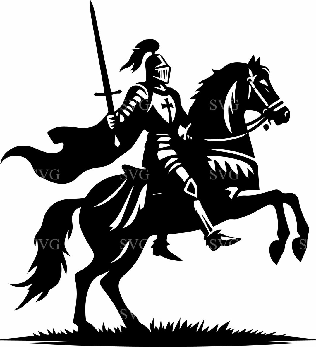 Knight on Horse SVG 4 Cut File Armored Warrior With Sword and Cross ...