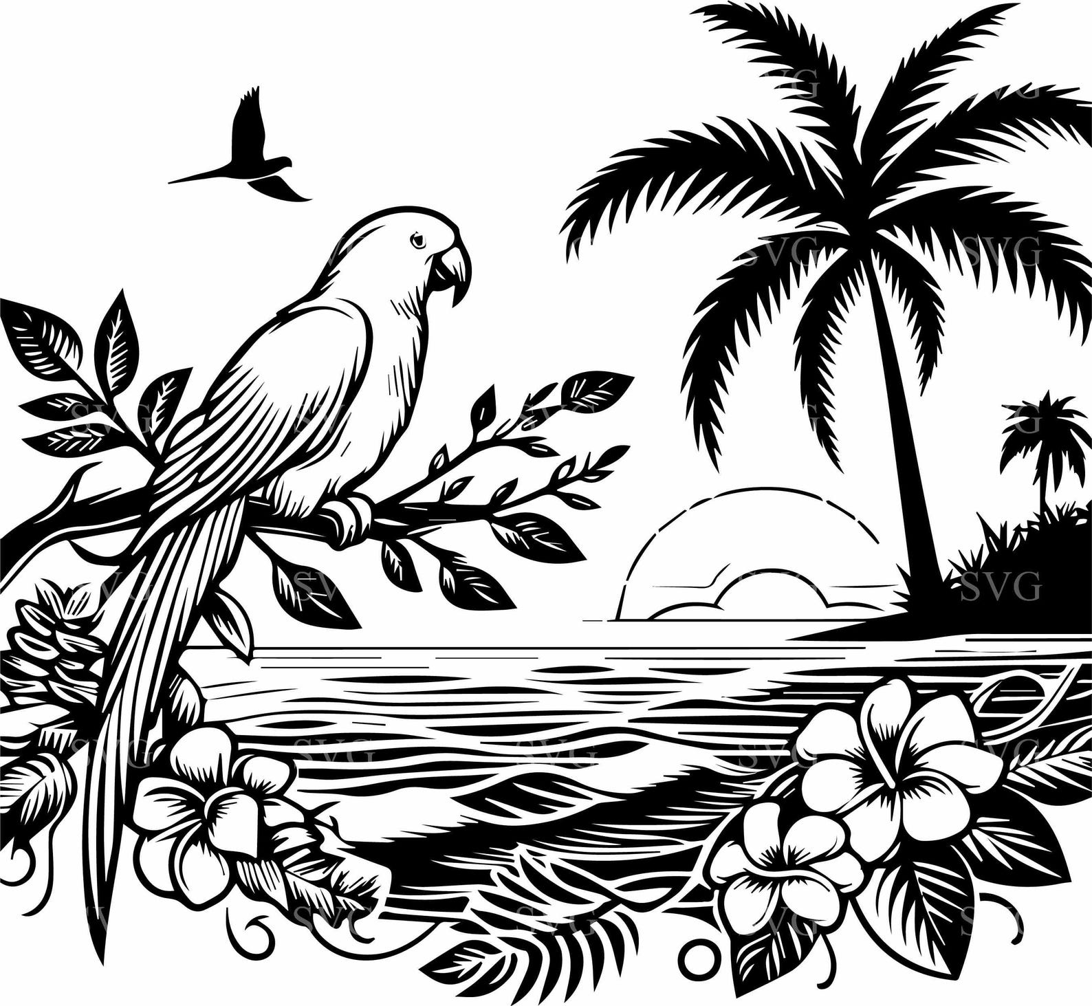 3 Parrot and Tropical Sunset SVG 3 Cut File, Beach Scene With Palm ...