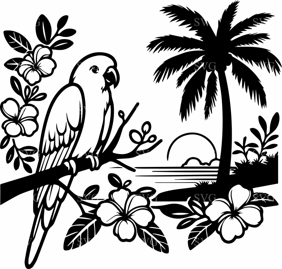 3 Parrot and Tropical Sunset SVG 3 Cut File, Beach Scene With Palm ...