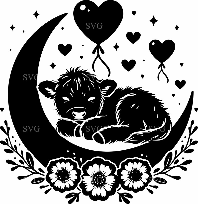 10 Baby Calf Moon SVG – Sleeping Cow Crescent Night Hearts Floral ...