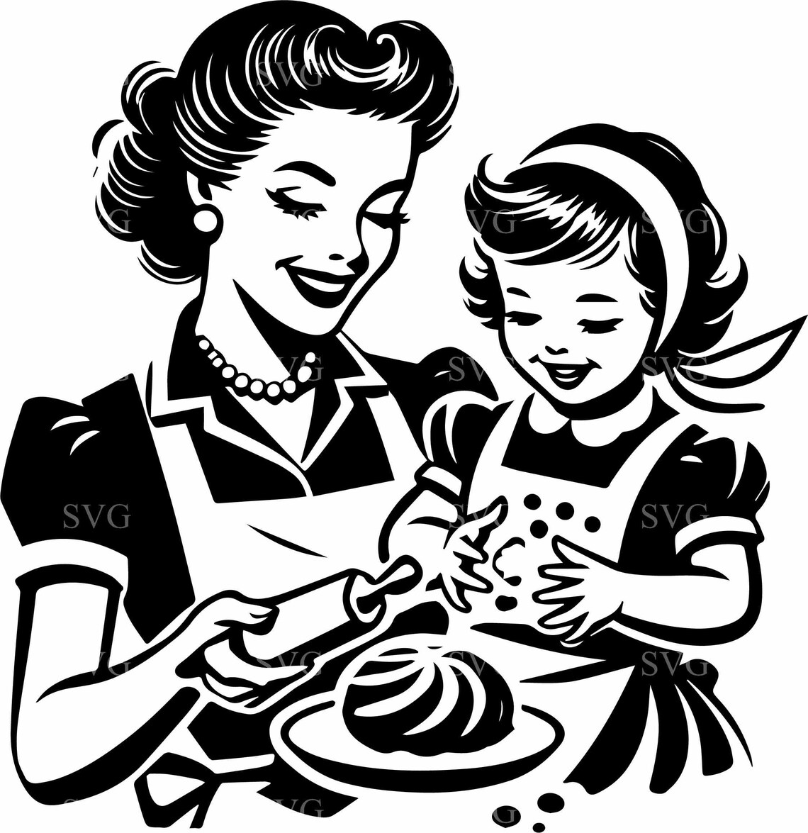4 Retro Baking SVG Clipart – Mother & Child Rolling Dough SVG (digital ...
