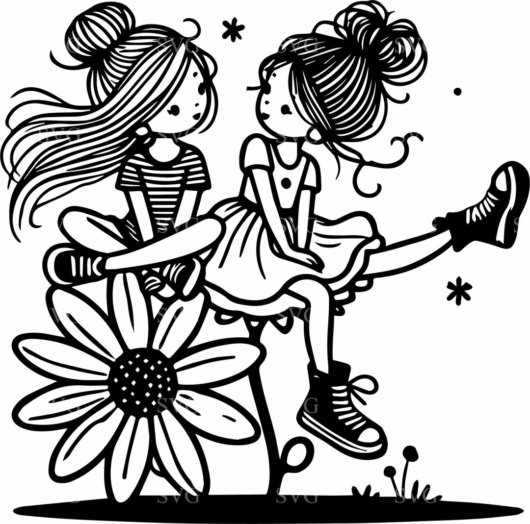 Cute Girls SVG 3 Cut File - Playful Girls Sitting on a Flower With ...