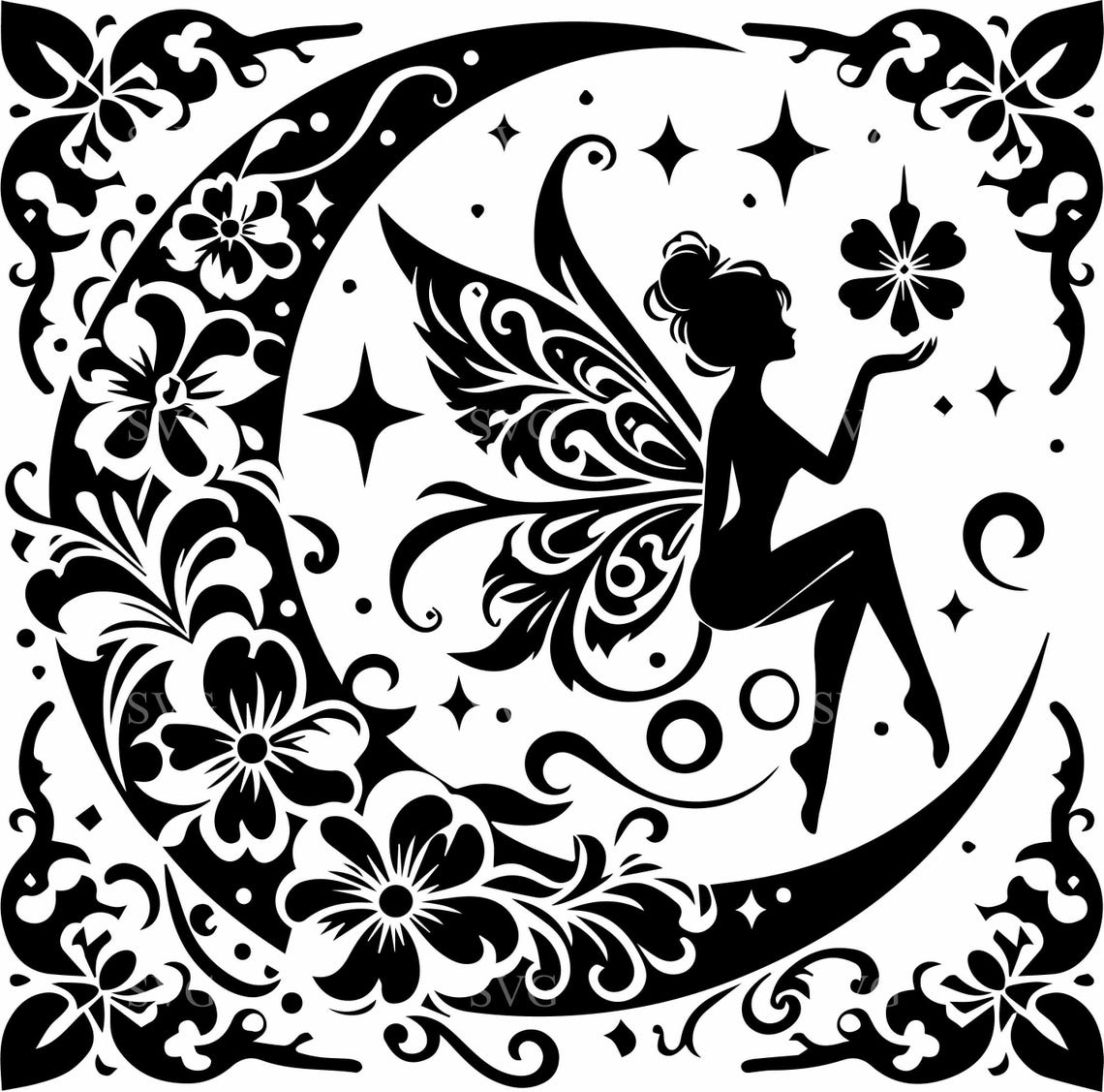 7 Moon Fairy SVG – Magical Fairy on Floral Crescent Cut File ...