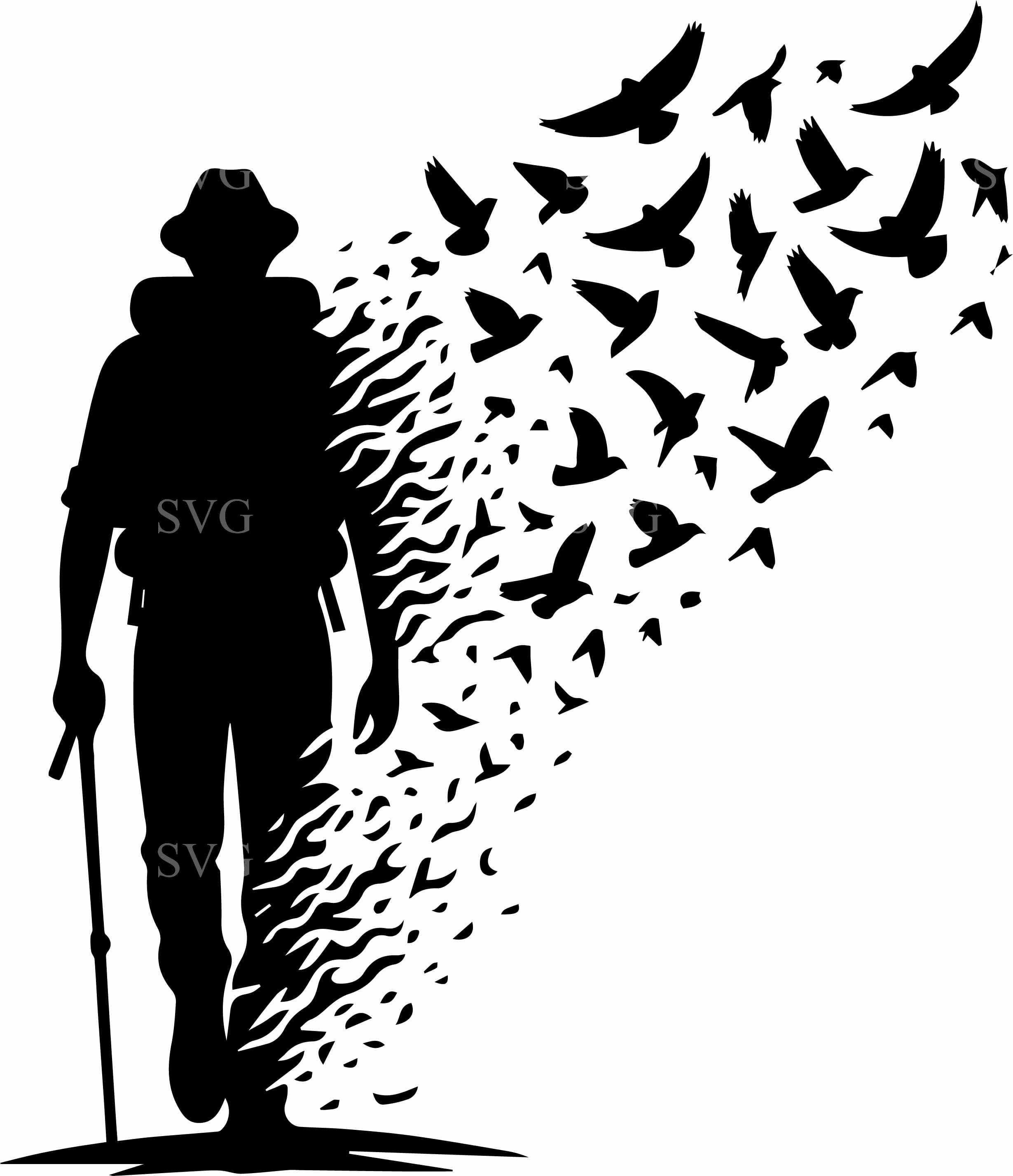 8 Traveler Birds SVG, 8 Man Walking With Flying Birds Silhouette ...