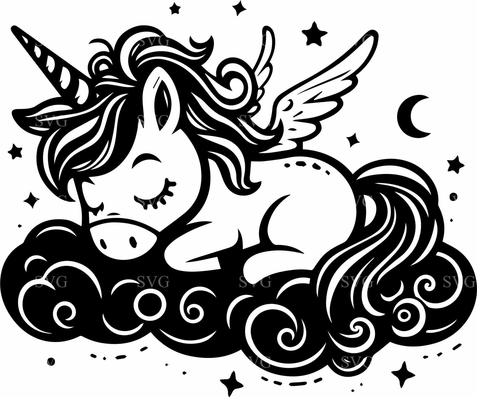 4 Dreamy Unicorn Sleeping on Clouds SVG, Magical Night Sky Cut File for ...
