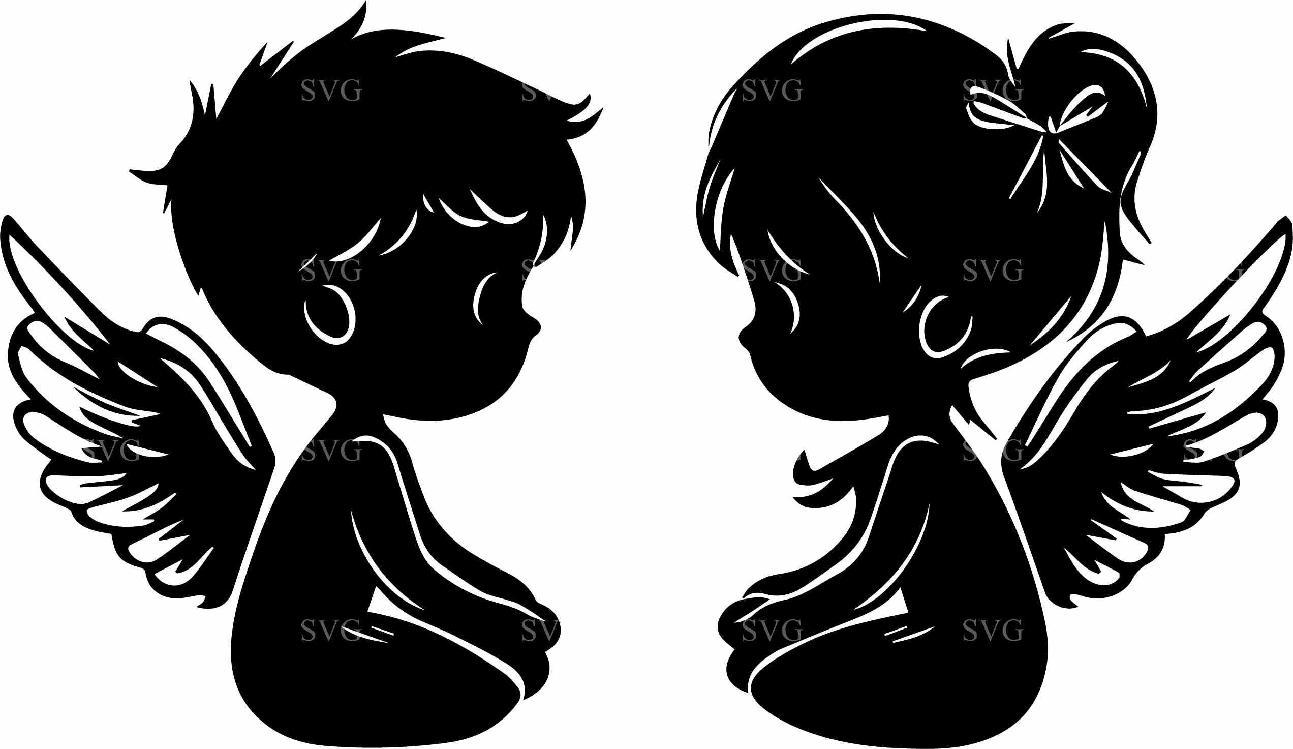 Angel Boy and Girl SVG 5 Cut File, Praying Cherub Silhouette, Heaven ...
