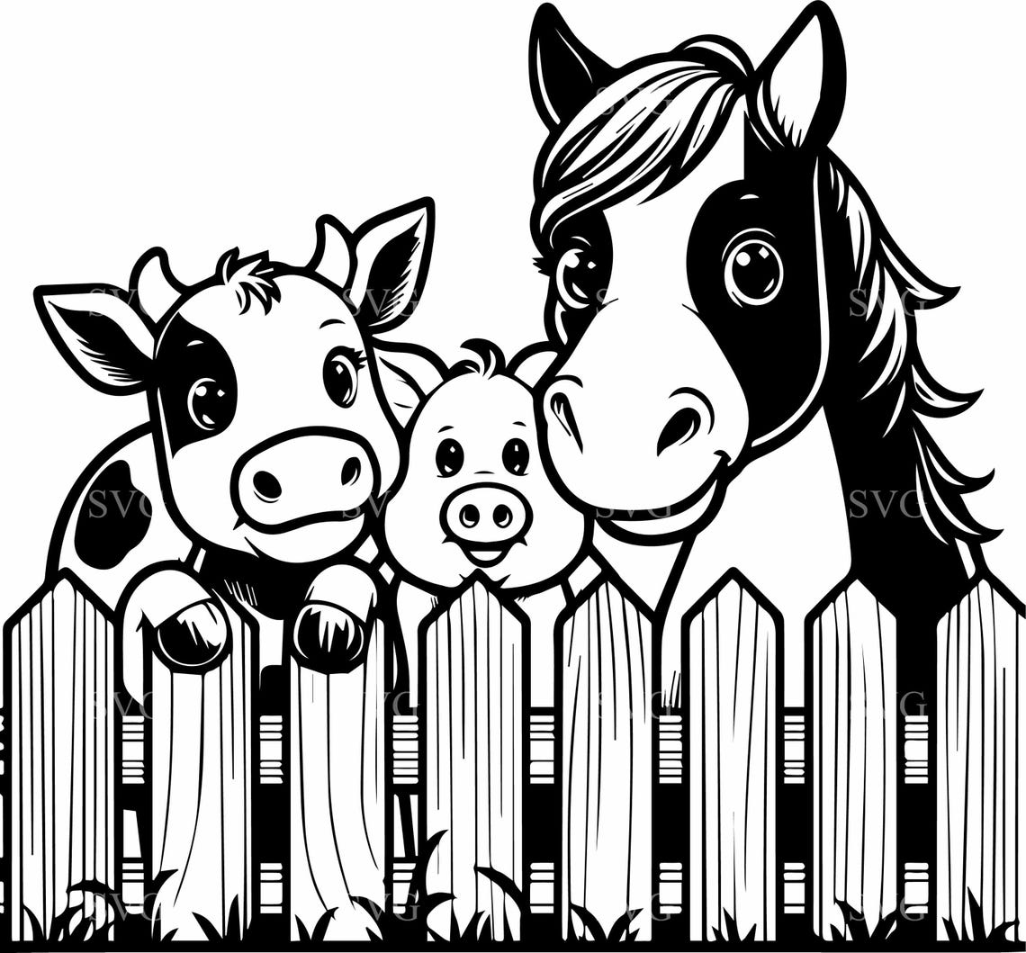 6 Farm Animal SVG, 6 Cow Pig Horse Cut File, Cute Farm Fence SVG, Farm ...