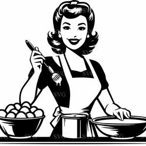 8 Retro Baking Woman SVG, Vintage Lady Mixing Dough in Bowl Silhouette ...