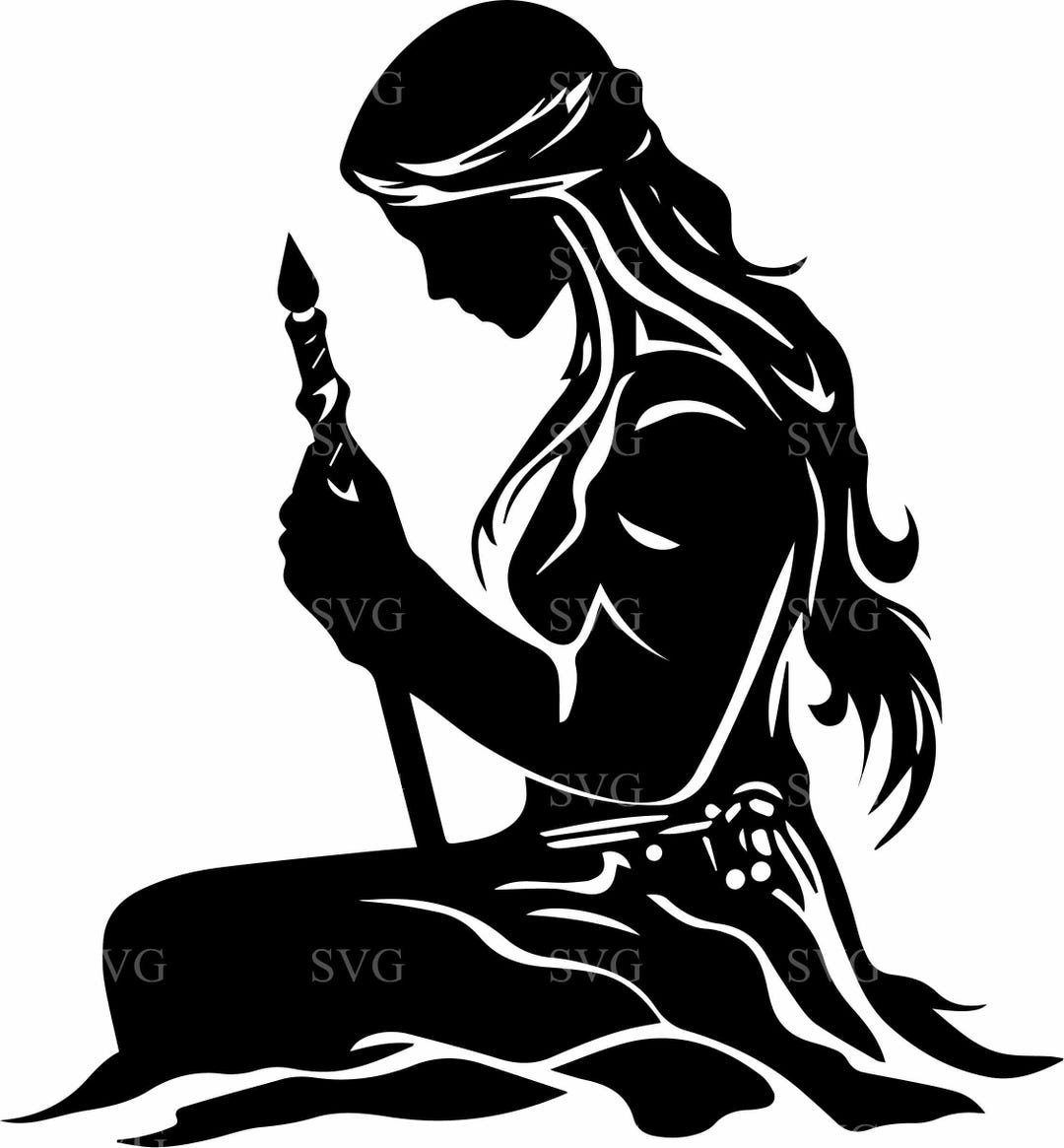 6 Kneeling Female Warrior SVG, Woman With Sword Silhouette Cut File ...