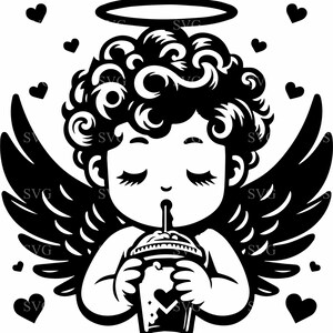 5 Adorable Cupid Angel Drinking Coffee | SVG Cut File for Cricut ...