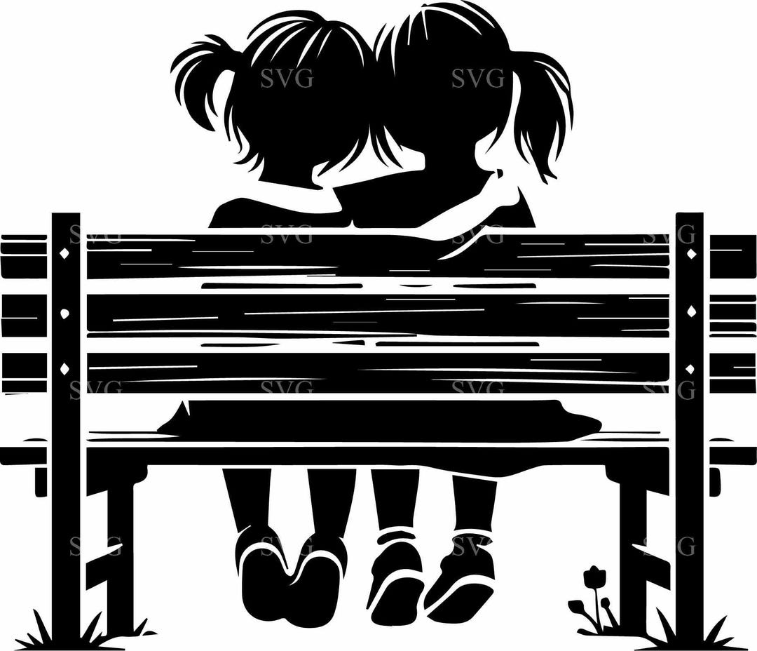 Sisters SVG Cut File, 4 Two Girls Hugging on Bench Silhouette ...