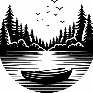 4 Rowboat on Lake SVG Cut File, Forest Reflection Silhouette Scene for ...